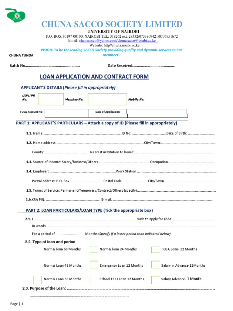 Chuna Sacco Society Limited: Loan Application and Contract Form ...