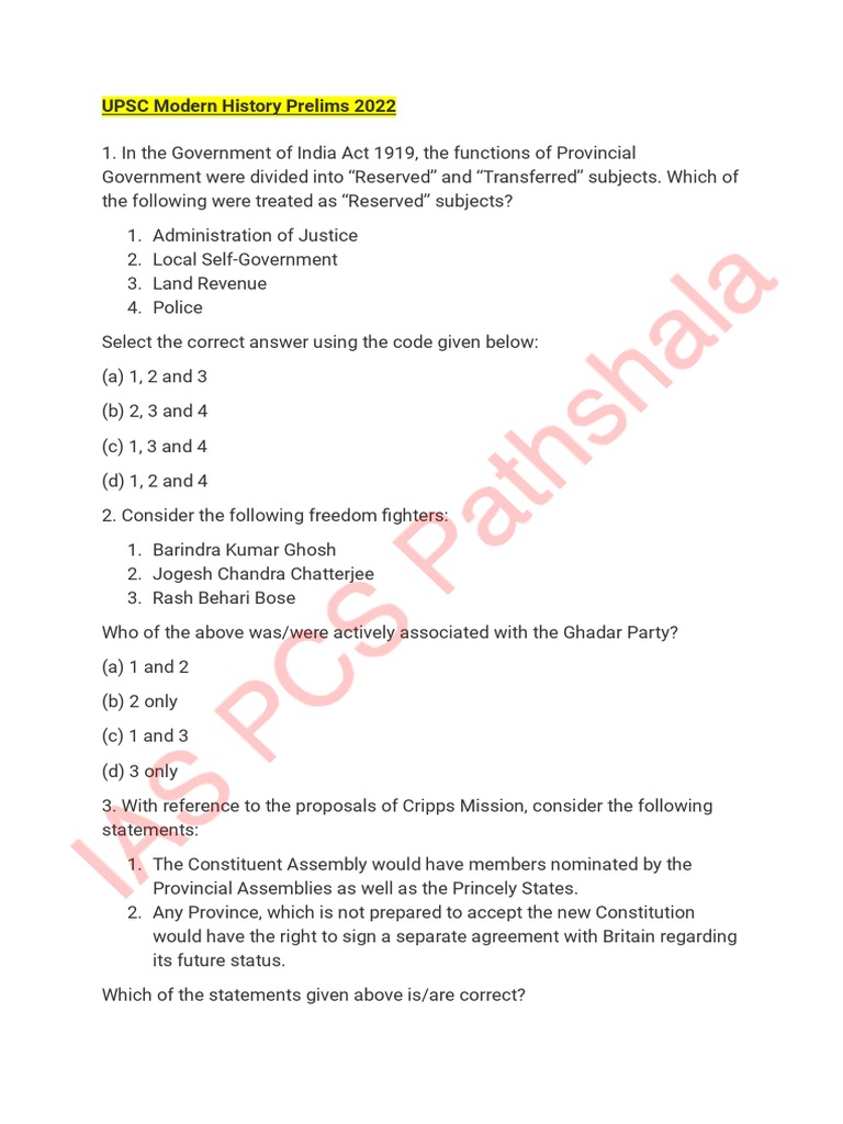 UPSC Modern History Prelims PYQs Compilations | PDF | British Raj | Partition Of India