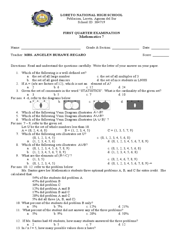 Math 7 First Quarter Exam LNHS | PDF | Integer | Numbers