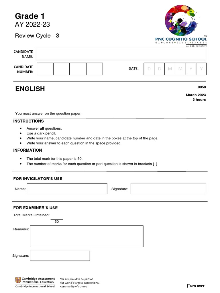 Grade 1 - RC3 - QP | PDF | Linguistics | Grammar