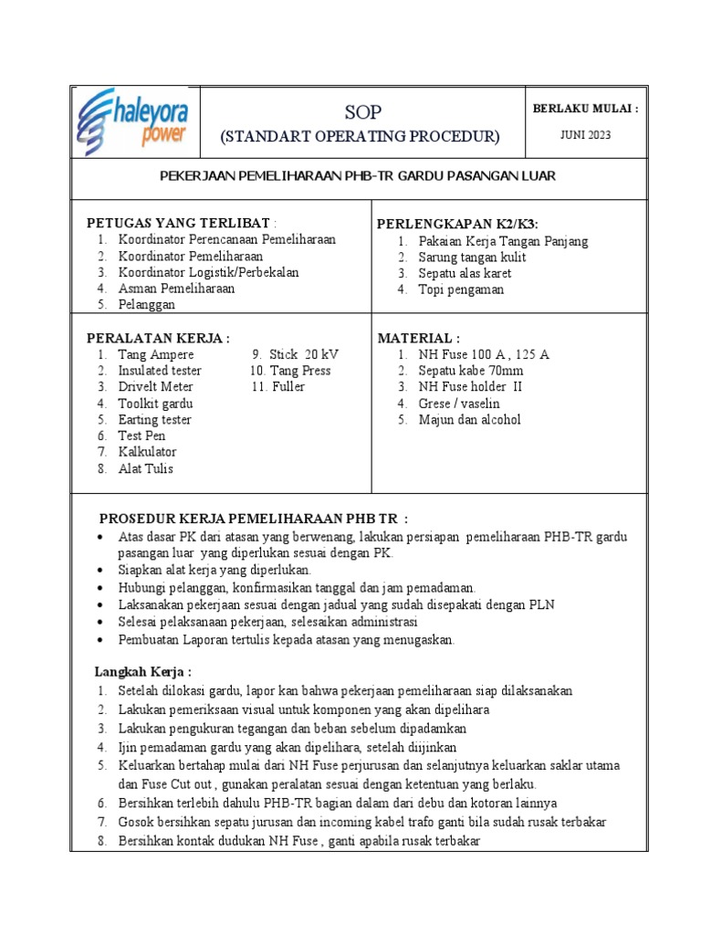 Dist Sop Pemeliharaan PHB-TR Gardu Pas Luar | PDF
