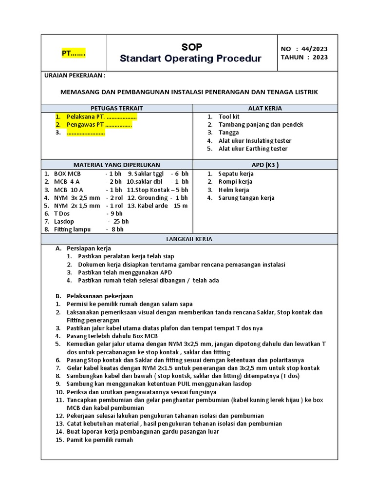 Iptl Sop Bangsang Instalasi Rumah - Gedung | PDF