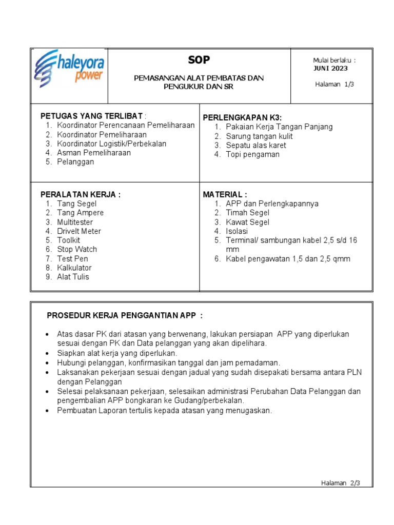 Dist Sop Pemasangan - Penggantian App Dan SR | PDF