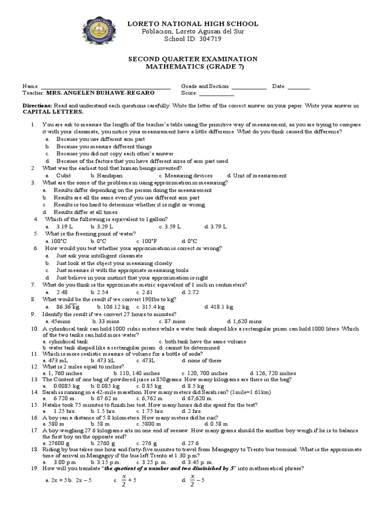 Grade 7 Math 2nd Quarter Exam | PDF | Polynomial | Volume