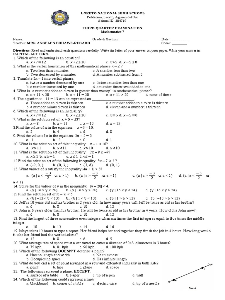 Third Quarter Exam Mathematics 7 | PDF | Angle | Inequality (Mathematics)