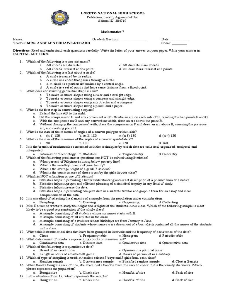 Fourth Quarter Test Mathematics 7 | PDF | Circle | Sampling (Statistics)