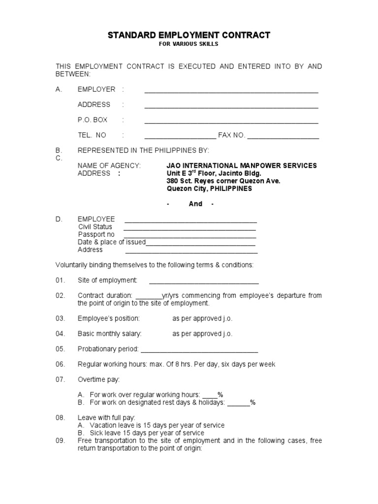 Standard Employment Contract | PDF | Employment | Employee Relations