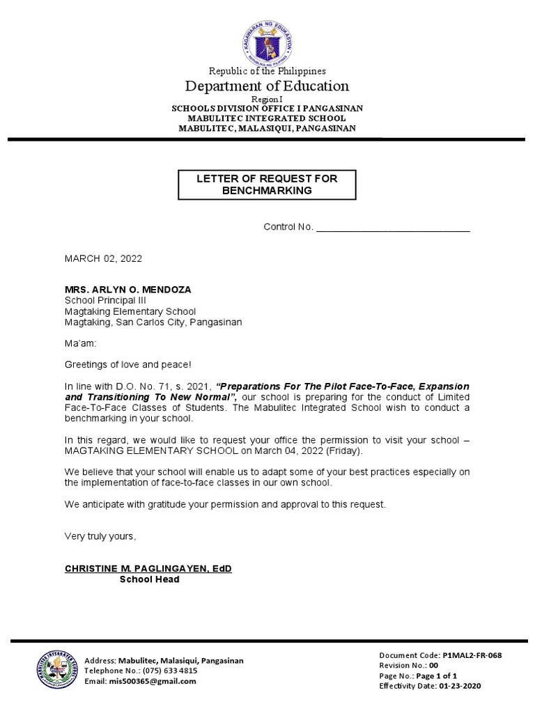 Letter of Request For Benchmarking - CDCNHS | PDF