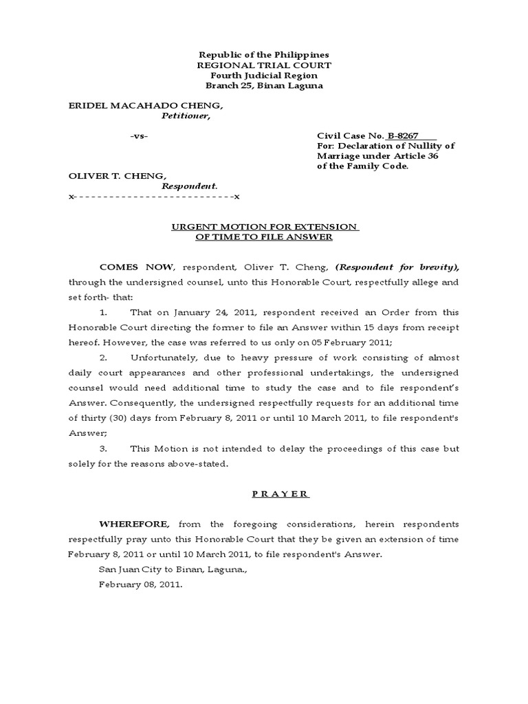 Request for Additional Time to File Answer in Declaration of Nullity ...