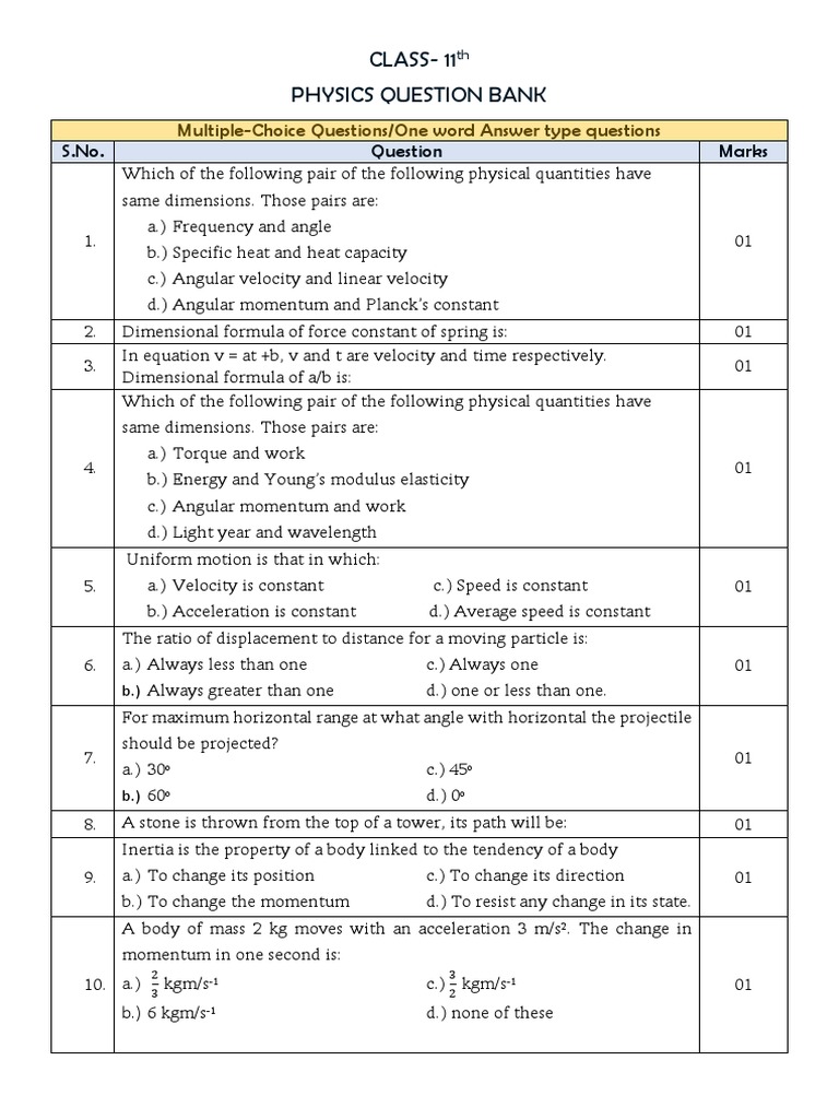 CLASS-11 Physics Question Bank: Multiple-Choice Questions/One Word Answer Type Questions | PDF ...