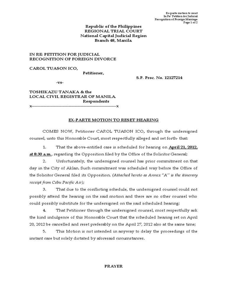 Motion To Reset | PDF | Ex Parte | Social Institutions