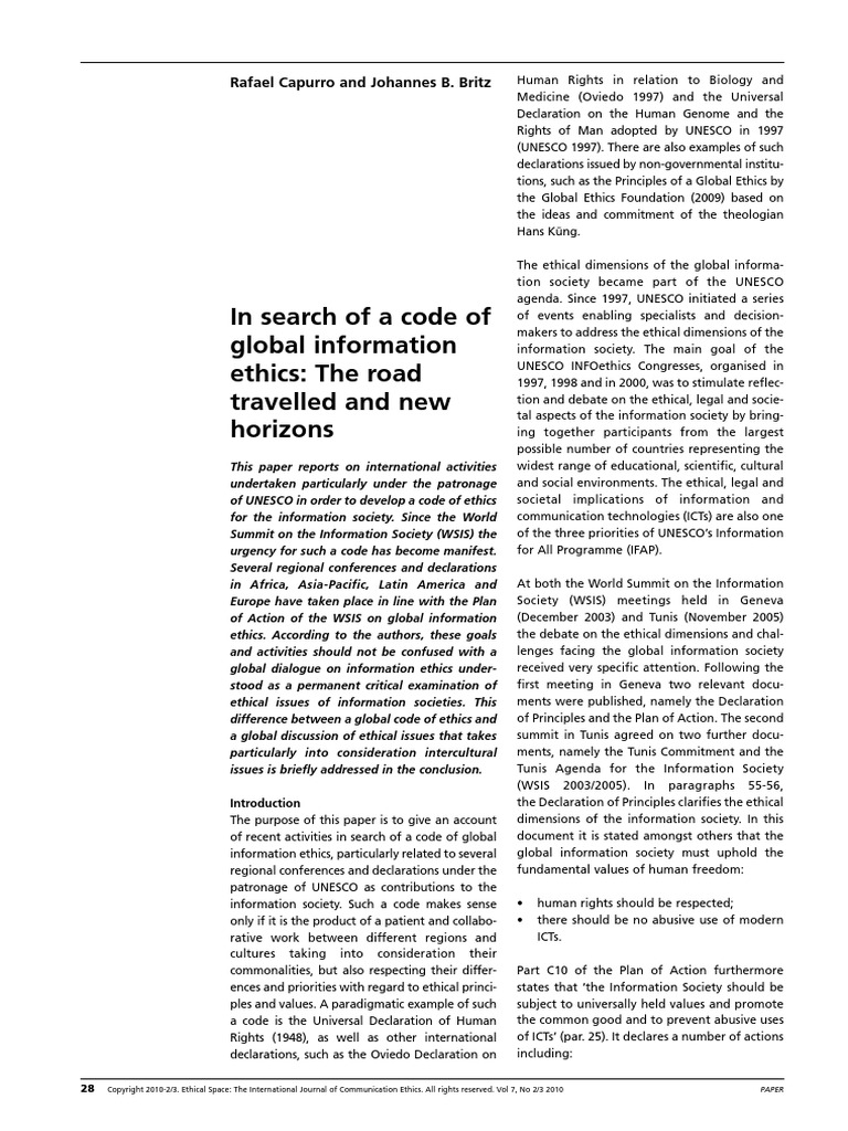 In Search of A Code of Global Information Ethics: The Road Travelled ...
