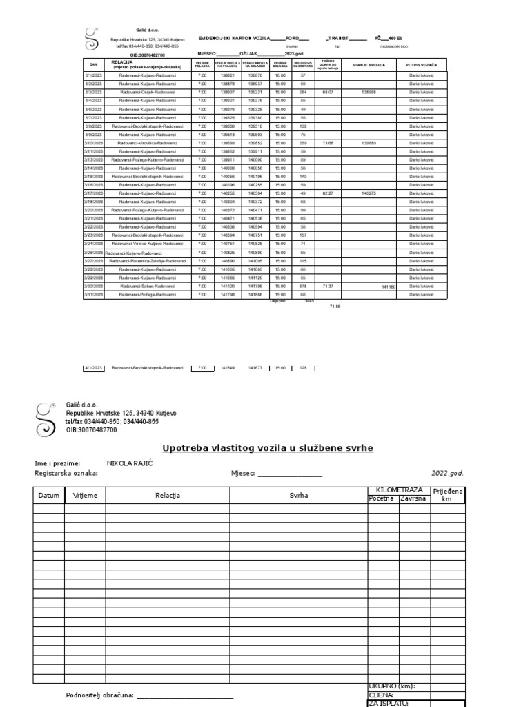 Galić D.o.o.: Evidencijski Karton Vozila - Ford - Transit - PŽ - 450eu | PDF
