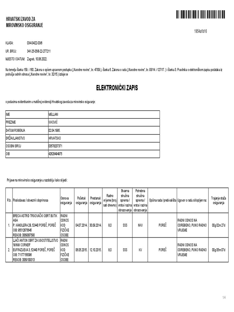 Elektronički Zapis: Hrvatski Zavod Za Mirovinsko Osiguranje | PDF