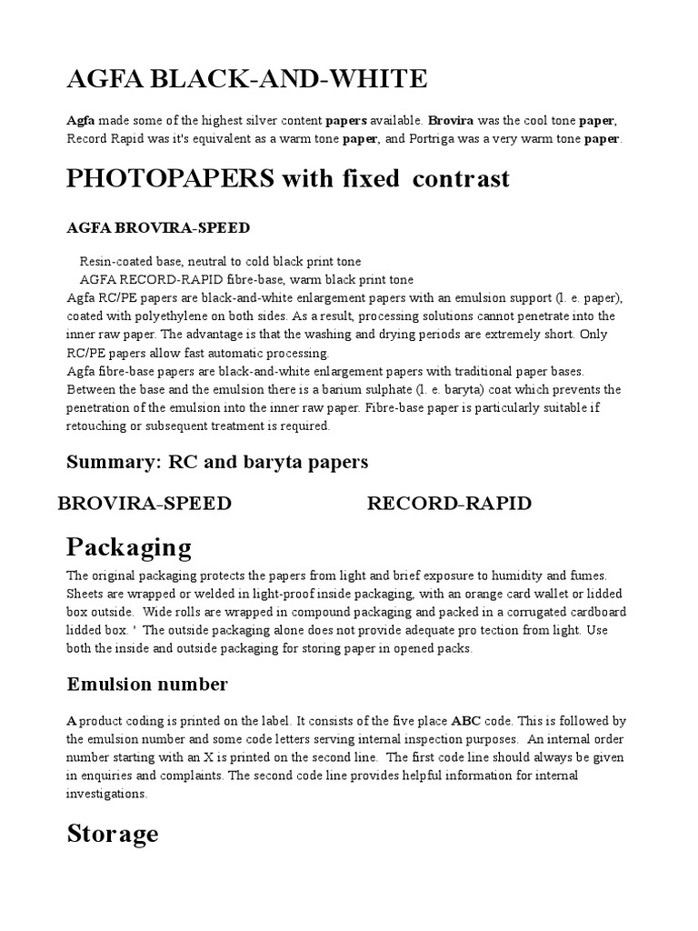 Agfa Black-And-White PHOTOPAPERS With Fixed Contrast: Summary: RC and ...