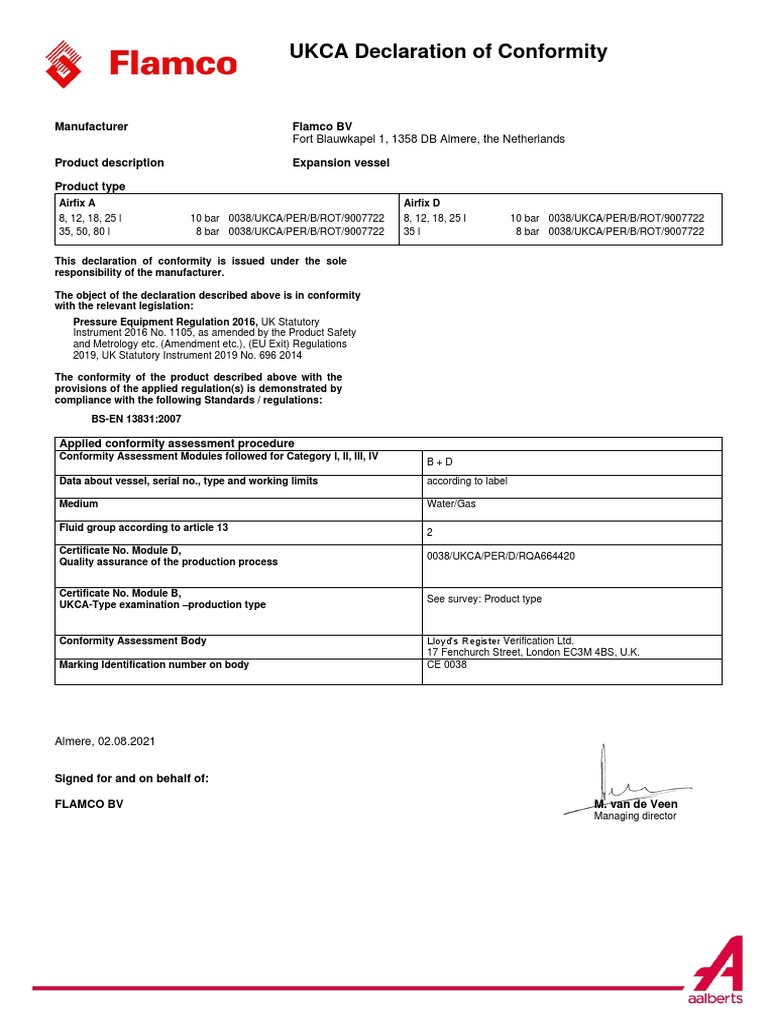 UKCA Declaration for Flamco Expansion Vessels | PDF