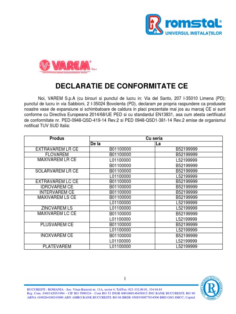 Declaratie de Conformitate Ce: Cu Seria Produs de La La | PDF | Ing ...
