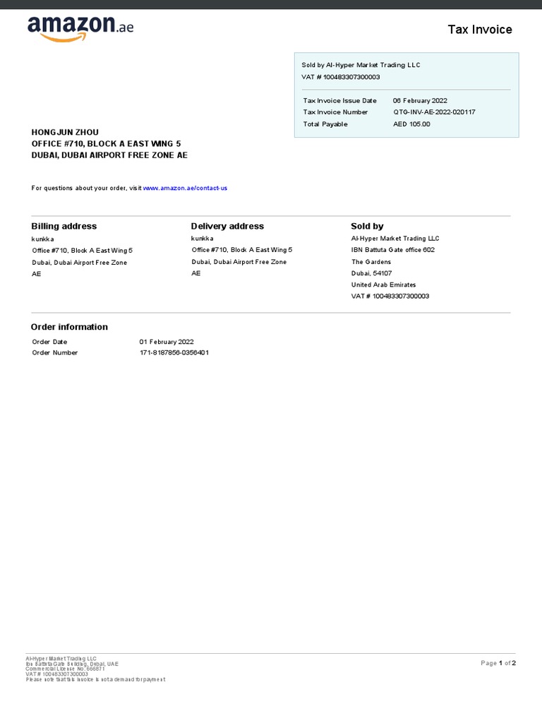 QTG Inv Ae 2022 020117 | PDF | Value Added Tax | Invoice