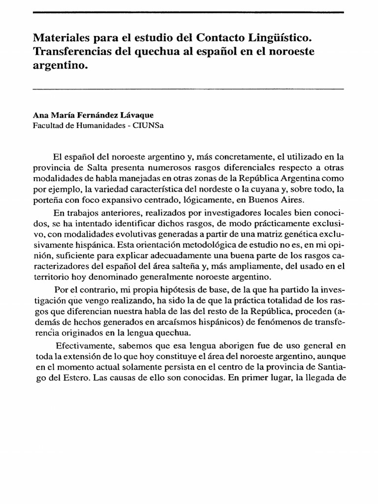 LAVAQUE-Contacto Lingüístico NOA | PDF | Lengua española | Género ...