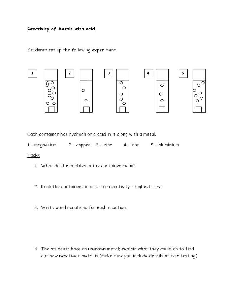 C2.3.1. Reactivity of Metals With Acid - Student Worksheet Practicals | PDF