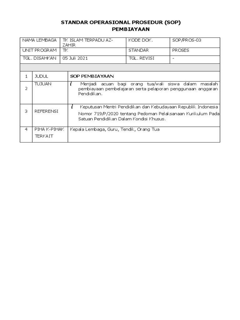 Standar Operasional Prosedur (Sop) Pembiayaan | PDF | Karier & Perkembangan