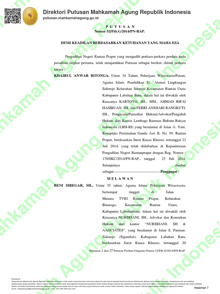 Putusan Perdata Nomor 32/Pdt.G/2014 | PDF