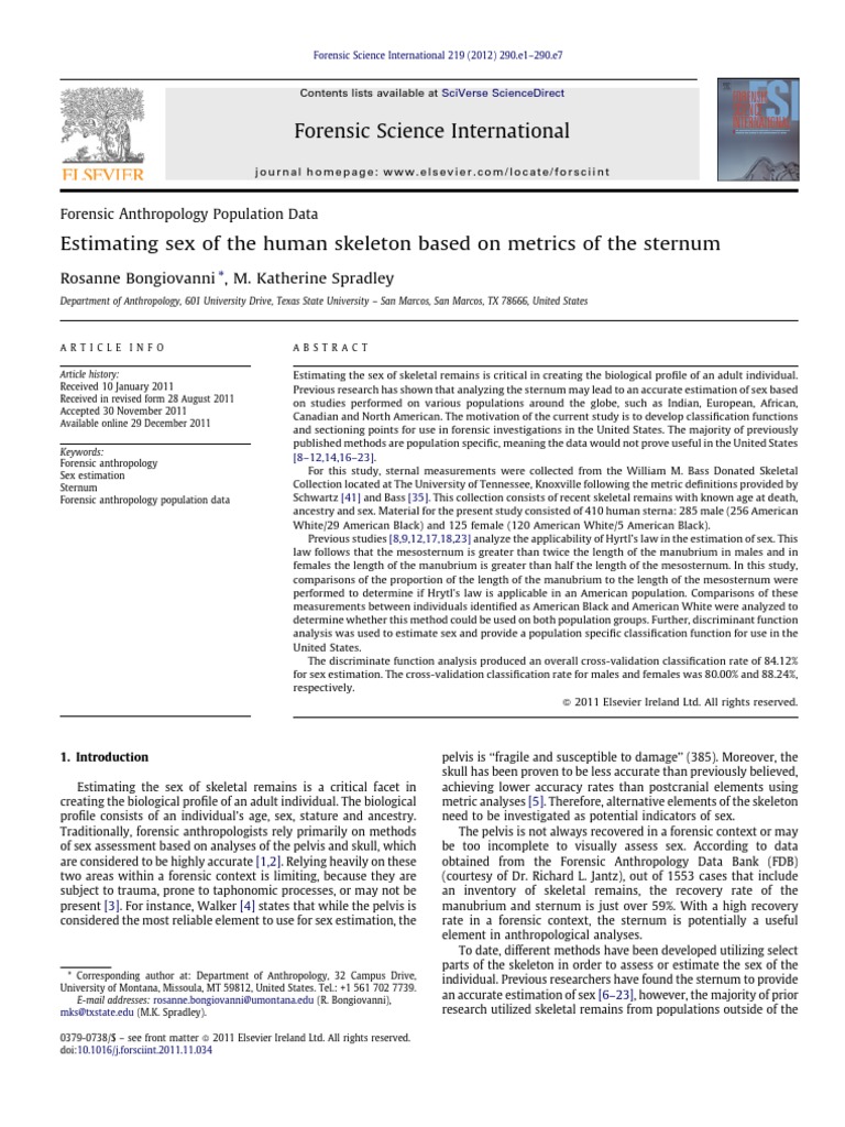 Estimating Sex Of The Human Skeleton Based On Metrics Of The Sternum Pdf Standard Deviation