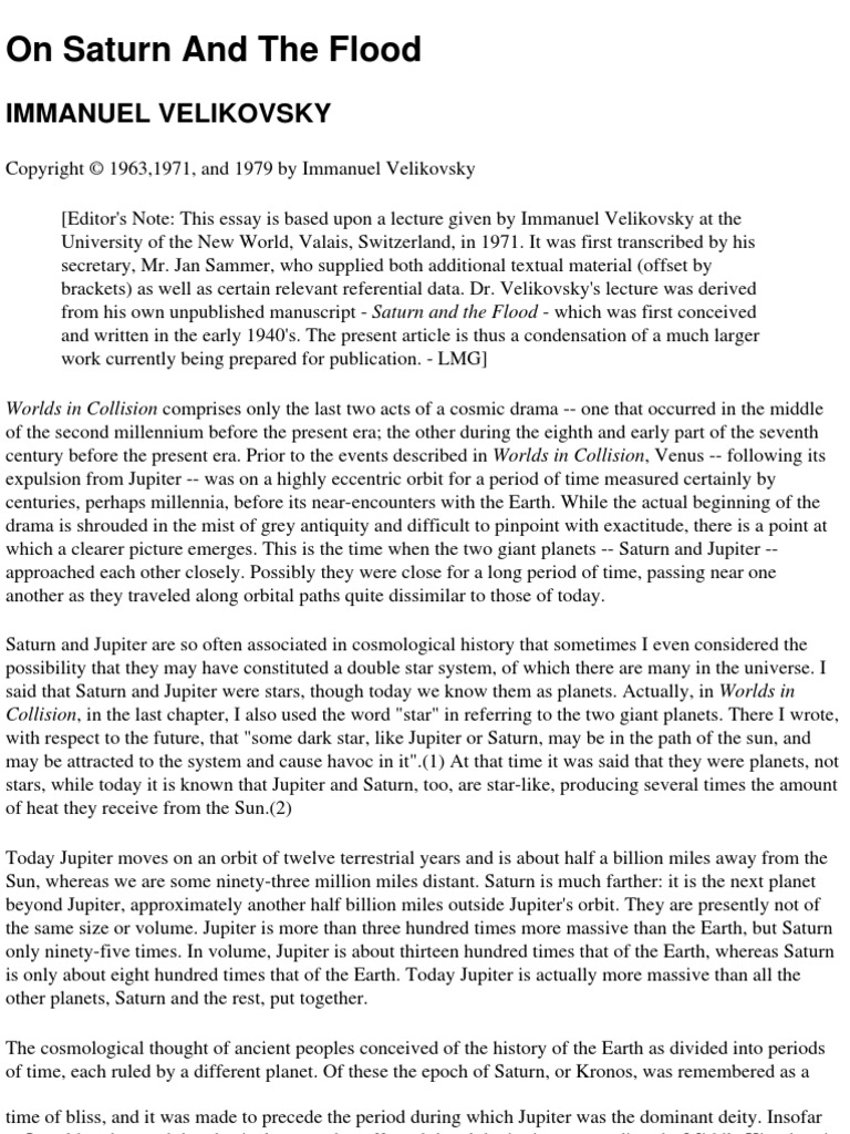 Immanuel Velikovsky - On Saturn and The Flood (1979) | PDF | Saturn ...