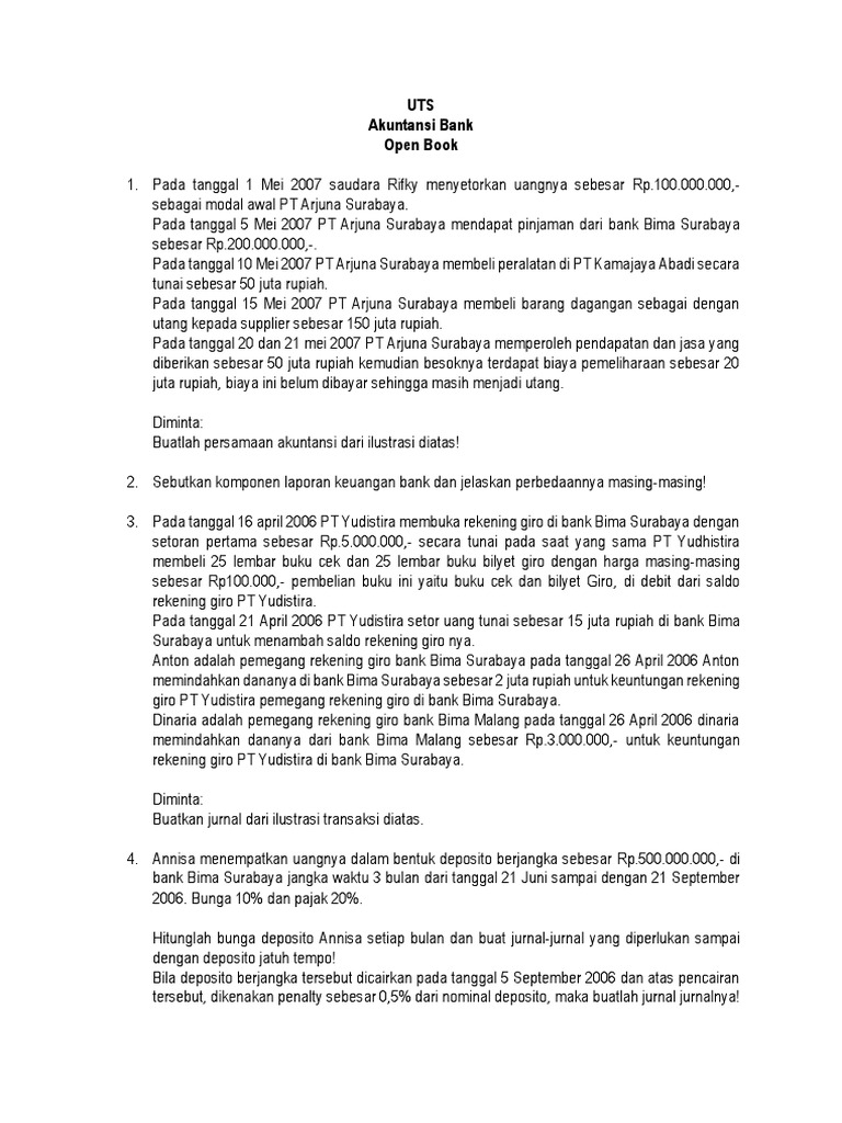 UTS Akuntansi Bank: Soal dan Jurnal | PDF | Bisnis | Pengelolaan ...