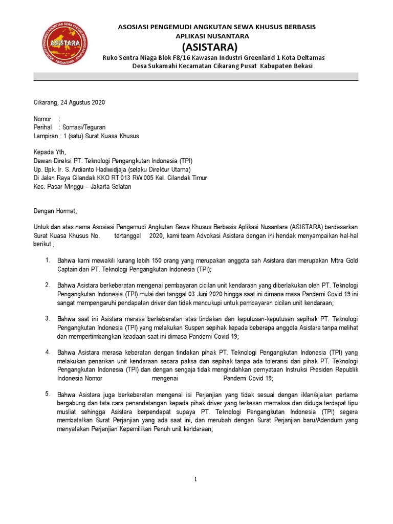 Somasi Asistara kepada PT TPI | PDF | Pengelolaan Keuangan & Uang