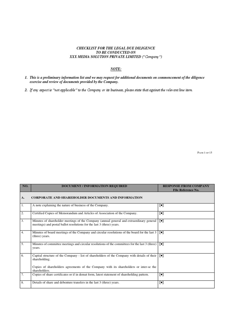 Legal Due Diligence Checklist | PDF | Employment | Business Law