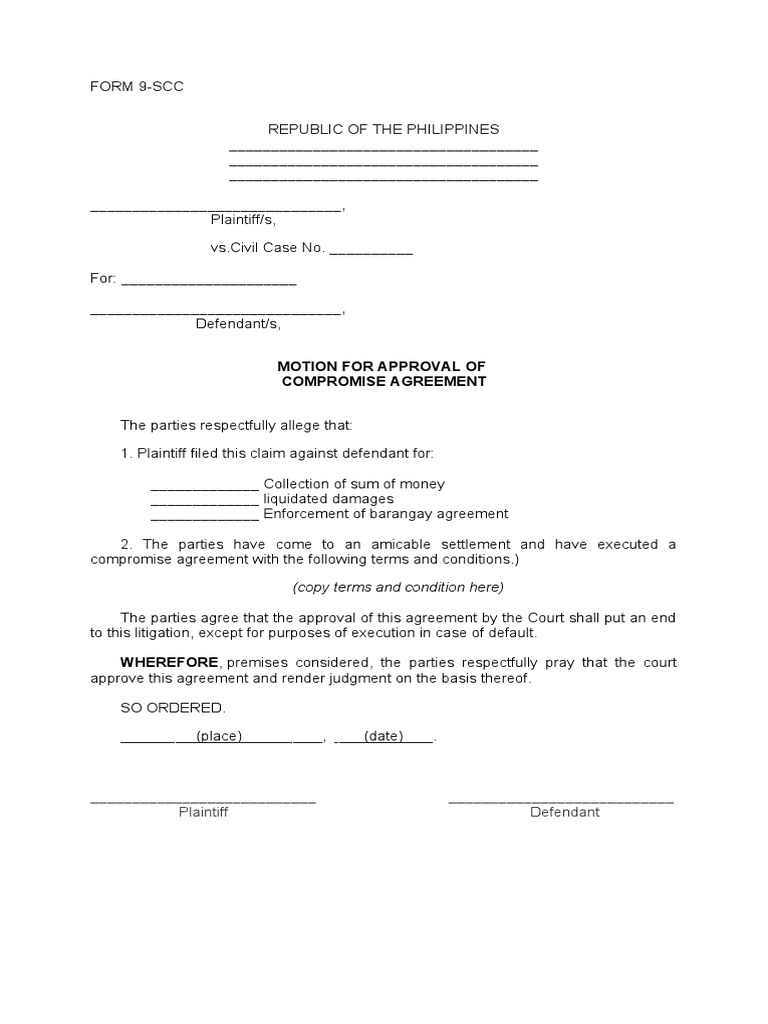 Form 9-SCC Motion For Approval of Compromise Agreement | PDF