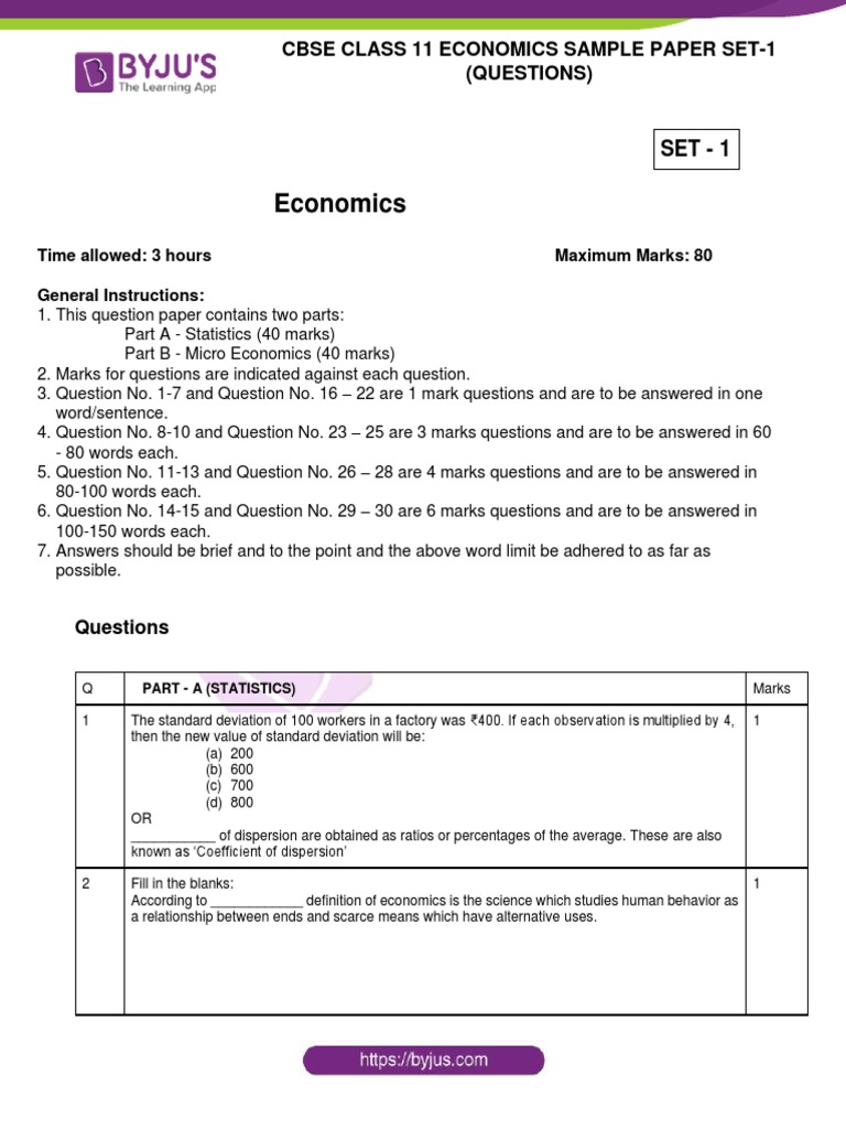 Cbse Class 11 Economics Sample Paper Set 1 Questions | PDF | Demand ...