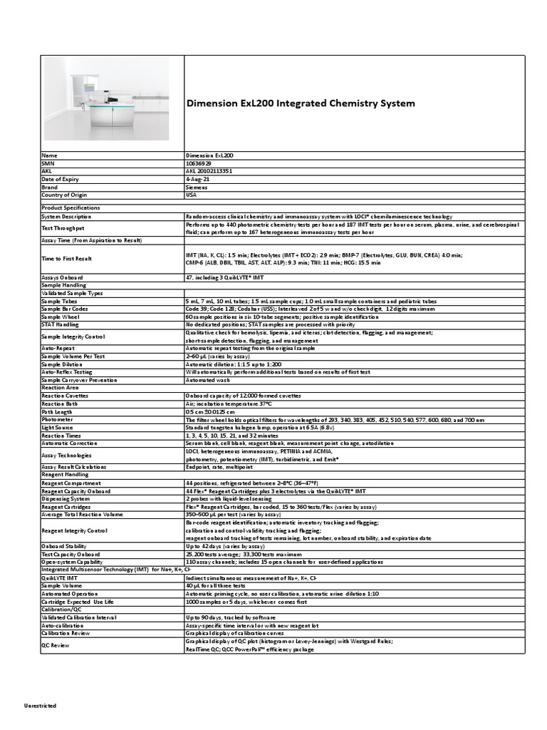 Dimension ExL200 Integrated Chemistry System Specification | PDF ...