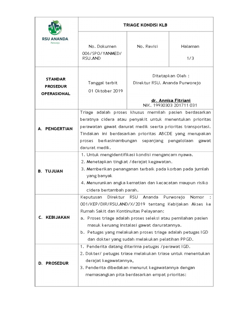 Sop-Triage Kondisi KLB | PDF