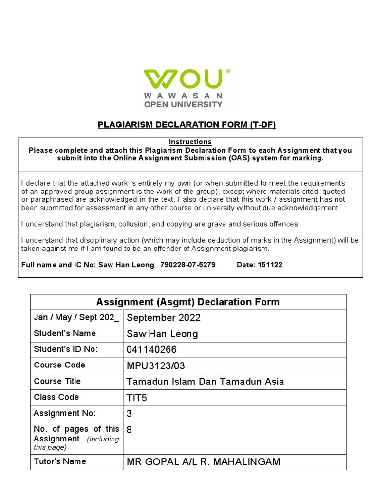 Plagiarism Declaration Form (T-DF) | PDF
