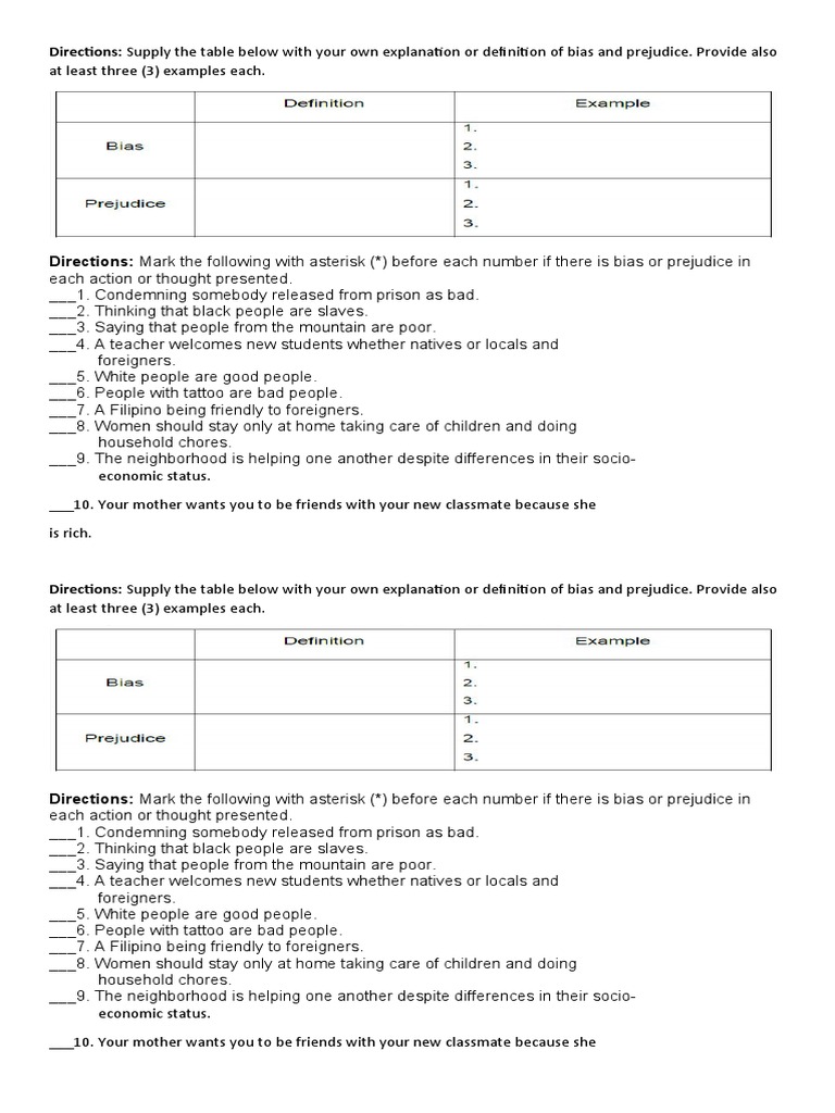 Bias and Prejudice Activity | PDF