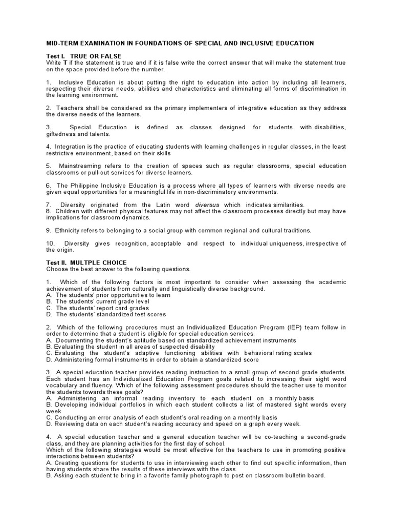 Mid Term Examination in Foundations of Special and Inclusive Education ...