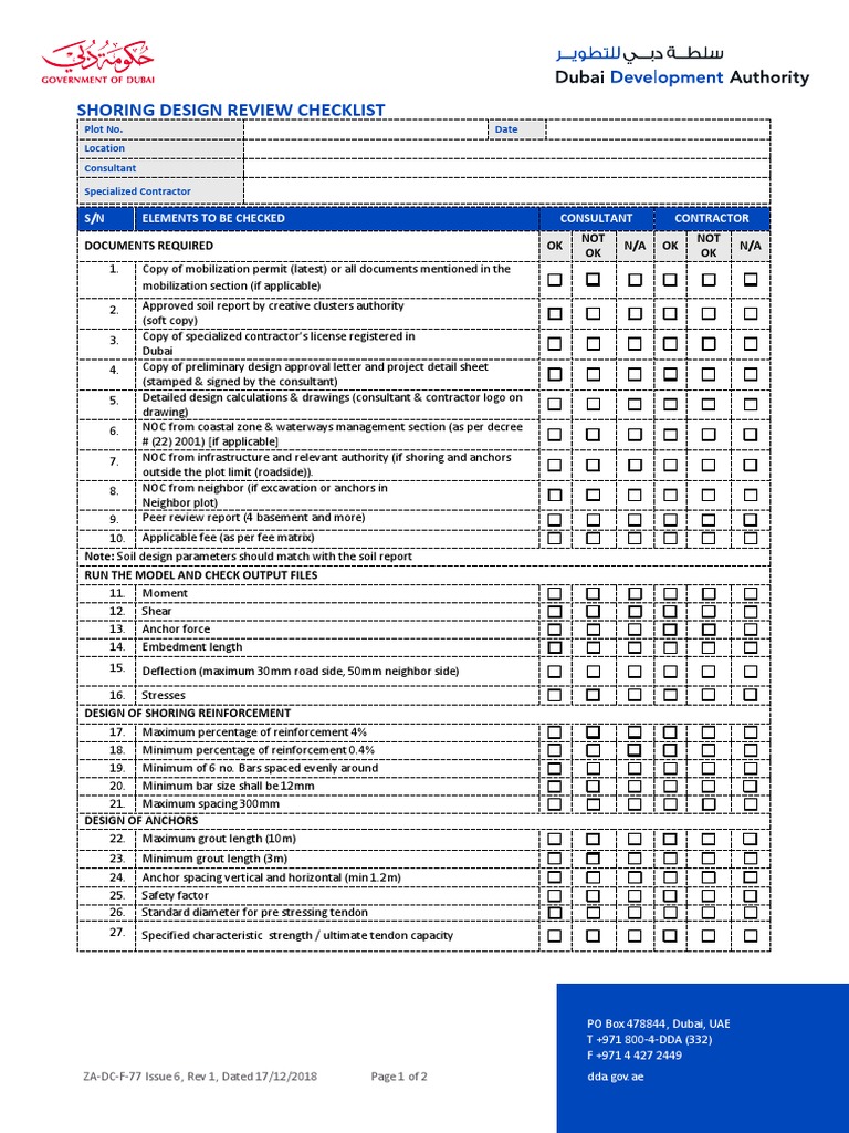 Shoring Design Review Checklist: S/N Elements To Be Checked Consultant ...