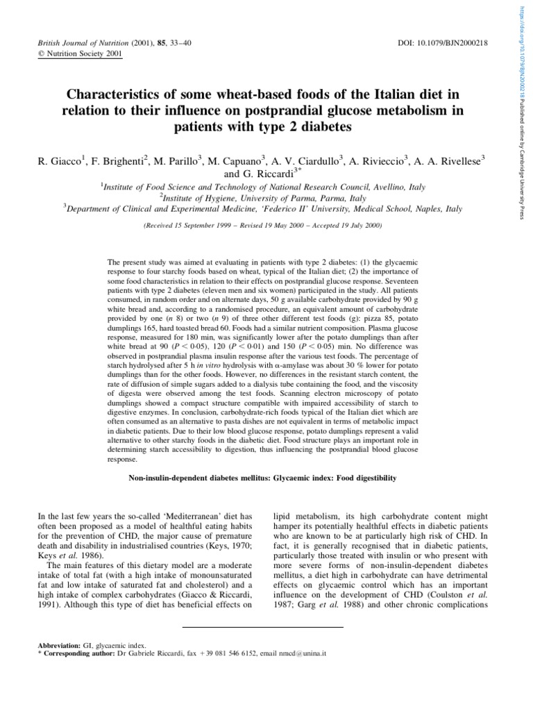 Div Class Title Characteristics of Some Wheat Based Foods of The Italian Diet in Relation To ...
