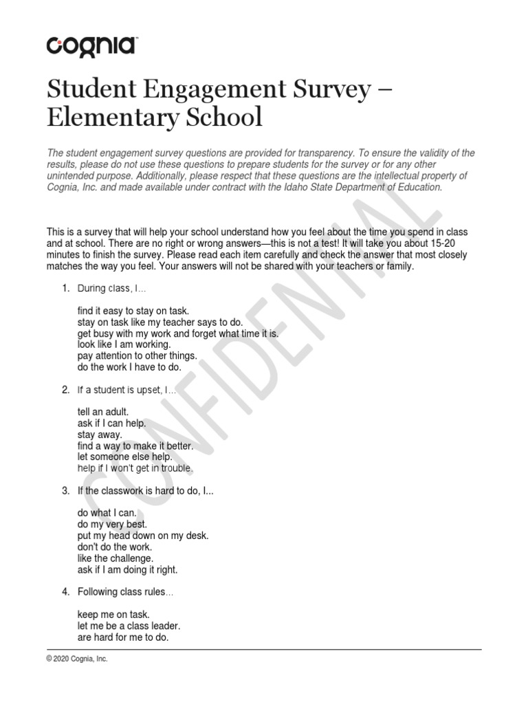 Student Engagement Survey - Elementary School: © 2020 Cognia, Inc | PDF ...