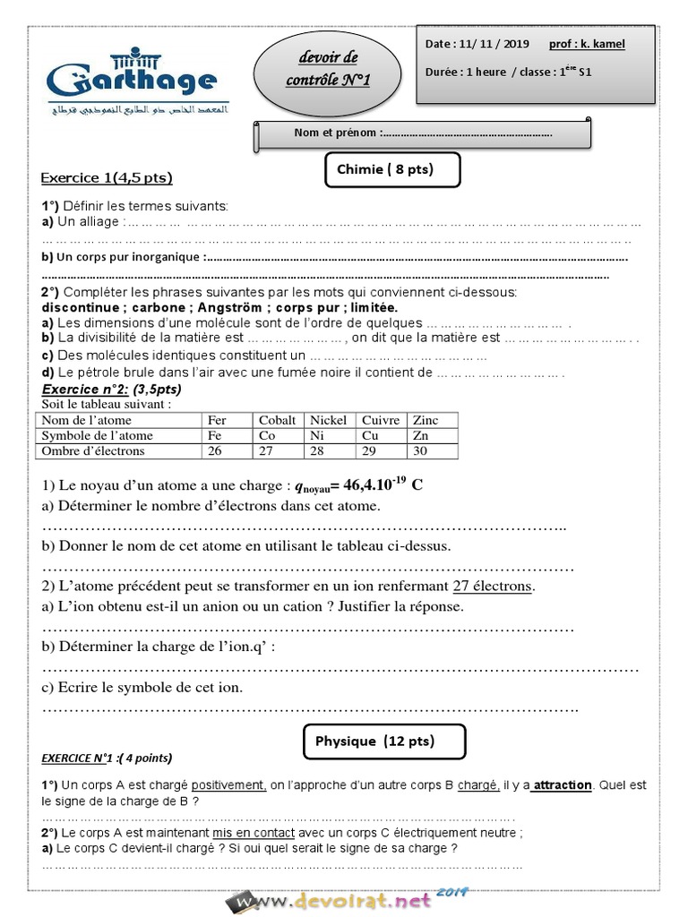 Devoir de Contrôle N°1 - Physique - 1ère AS (2019-2020) MR Kamel | PDF | Ion | Électrotechnique