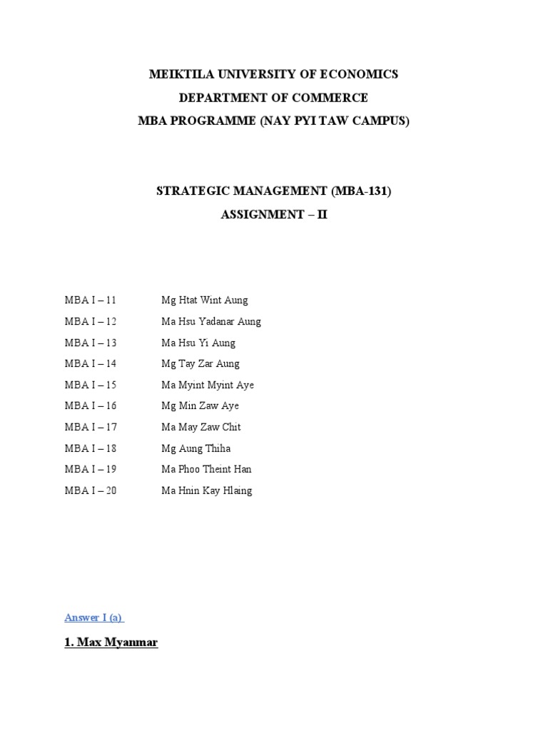 Meiktila University of Economics Department of Commerce Mba Programme ...