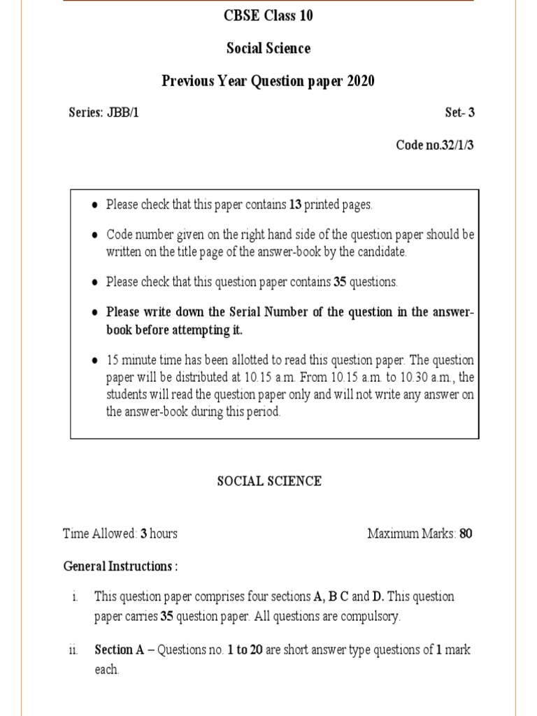 CBSE Previous Year Question Papers Class 10 Social Science With ...