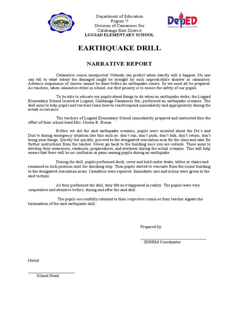 Earthquake Drill Narrative | PDF | Emergency Management | Emergency ...