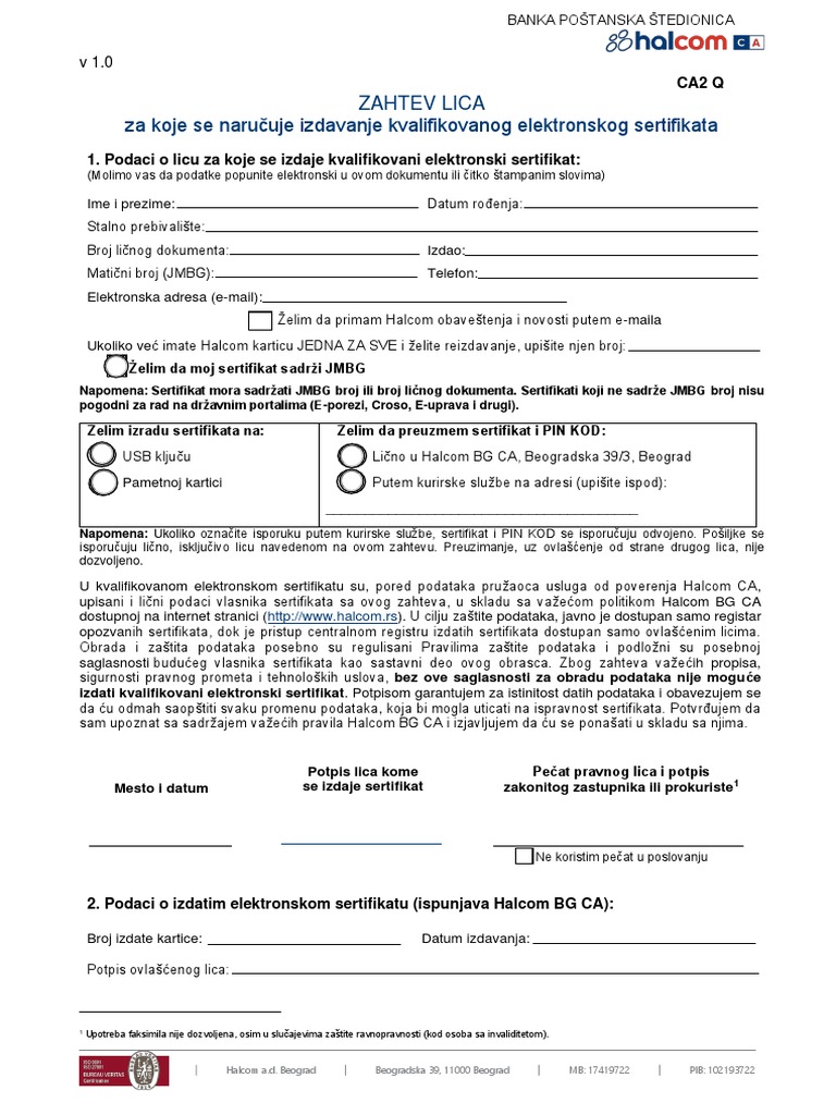 Zahtev Lica Za Koje Se Naručuje Izdavanje Kvalifikovanog Elektronskog ...