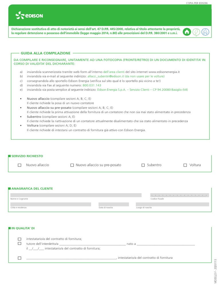 Guida Alla Compilazione: Nuovo Allaccio Nuovo Allaccio Su Pre-Posato ...