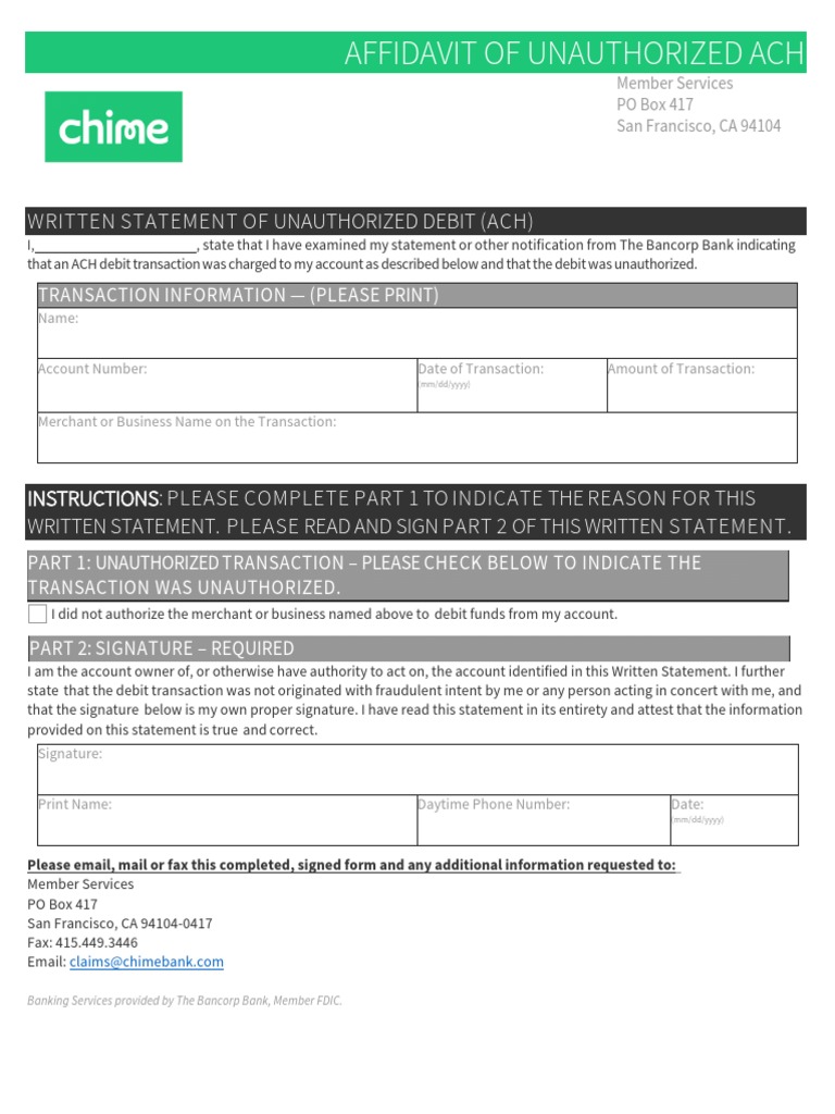 Unauthorized ACH Transaction Affidavit | PDF