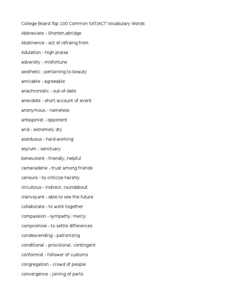 College Board Top 100 Common SAT ACT Vocabulary Words | PDF | Emotions ...