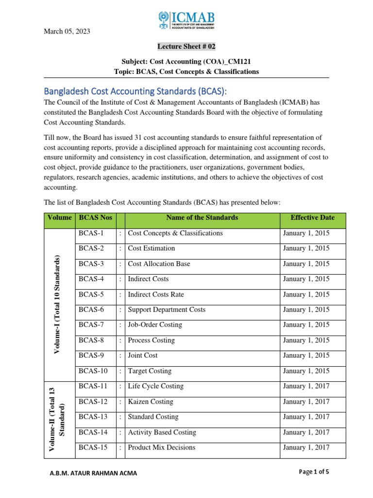 Bangladesh Cost Accounting Standards (BCAS) | PDF | Cost | Employment